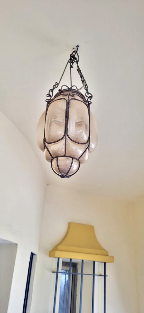 Mid-Century Crystal and Wrought Iron Ceiling Lamp for sale at Pamono