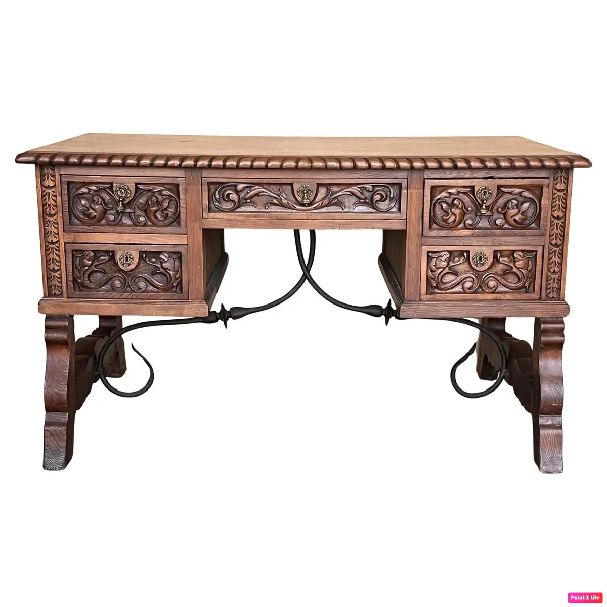 19th Century Spanish Baroque Style Two Faces Oak Library Table or Desk ...