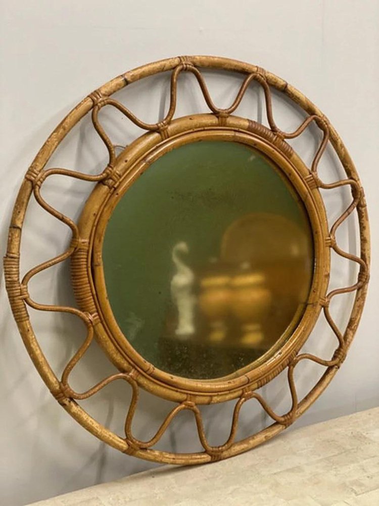 Mid-Century Italian Round Mirror with Double Bamboo Weaved Wicker Frame ...