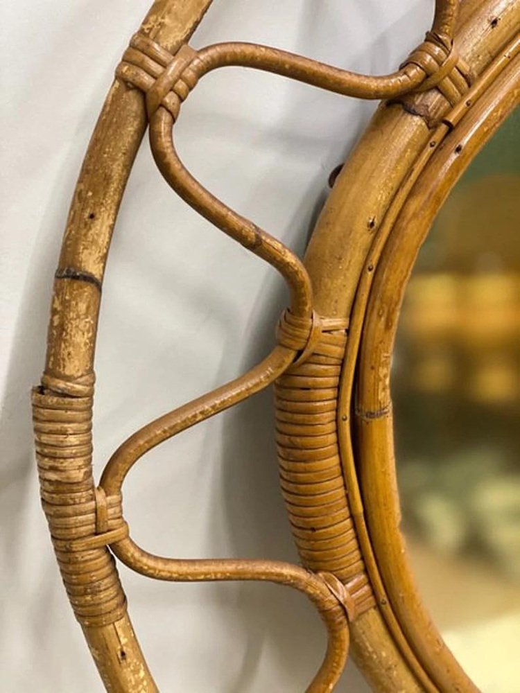 Mid-Century Italian Round Mirror with Double Bamboo Weaved Wicker Frame ...