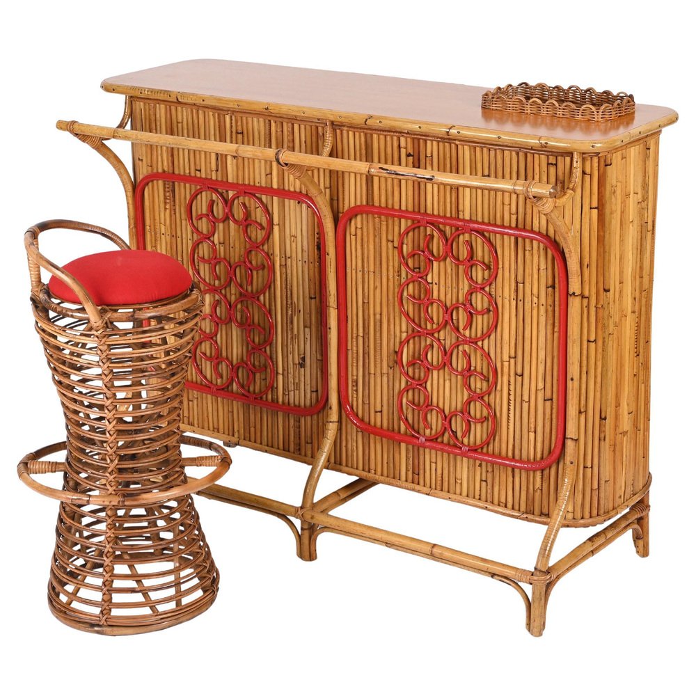 Set of Dry Bar with Stool in Rattan, Bamboo and Wicker attributed to ...