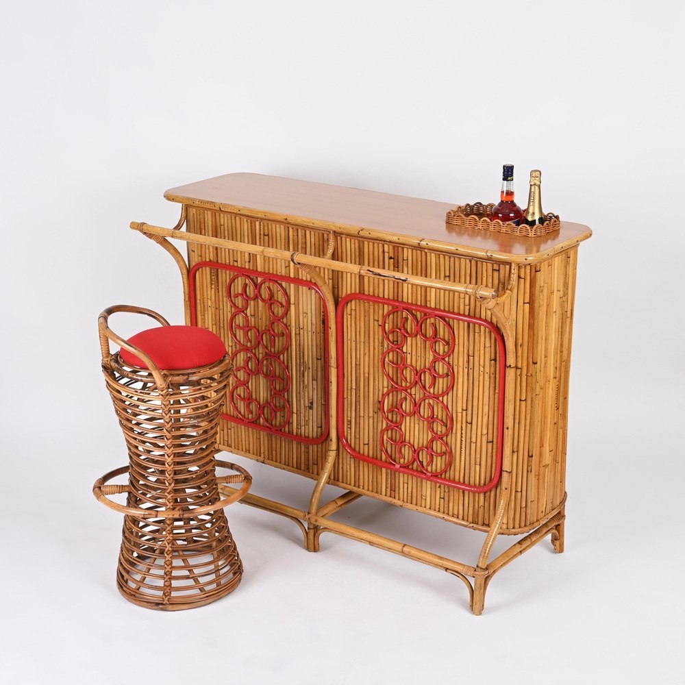 Set of Dry Bar with Stool in Rattan, Bamboo and Wicker attributed to ...
