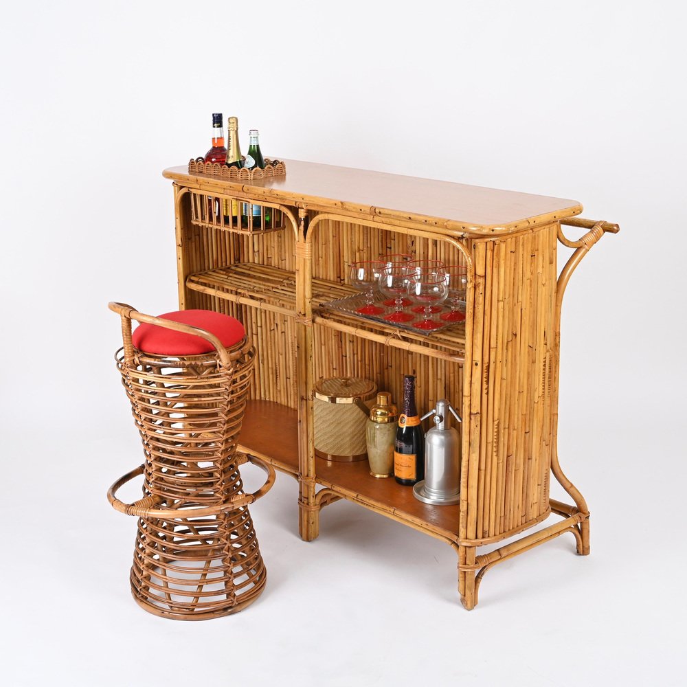 Set of Dry Bar with Stool in Rattan, Bamboo and Wicker attributed to ...