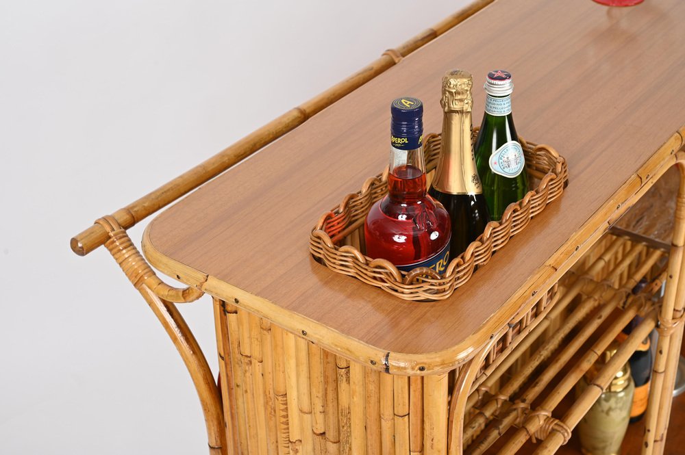 Set of Dry Bar with Stool in Rattan, Bamboo and Wicker attributed to ...