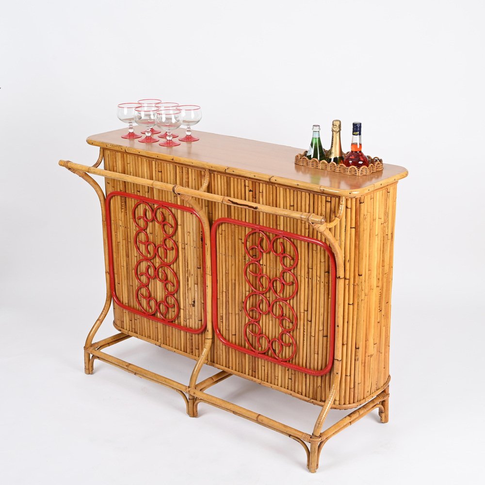 Set of Dry Bar with Stool in Rattan, Bamboo and Wicker attributed to ...