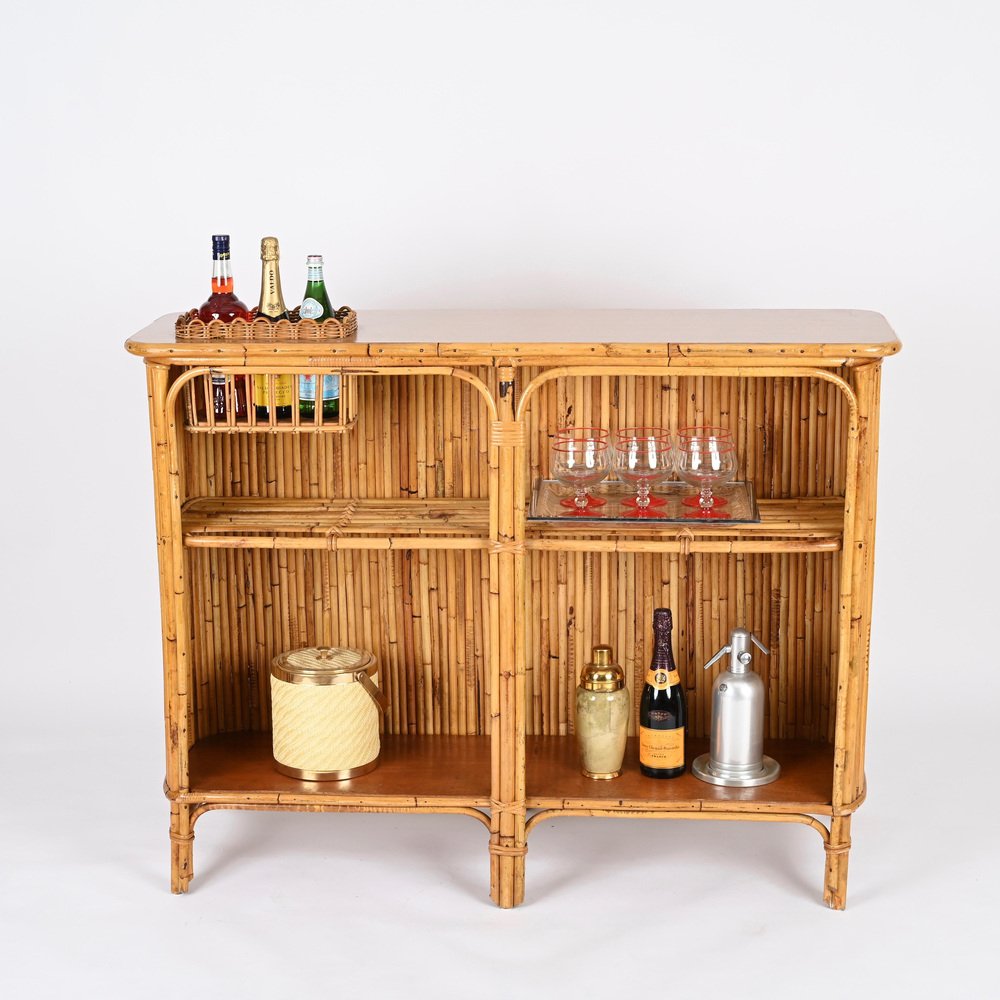 Set of Dry Bar with Stool in Rattan, Bamboo and Wicker attributed to ...