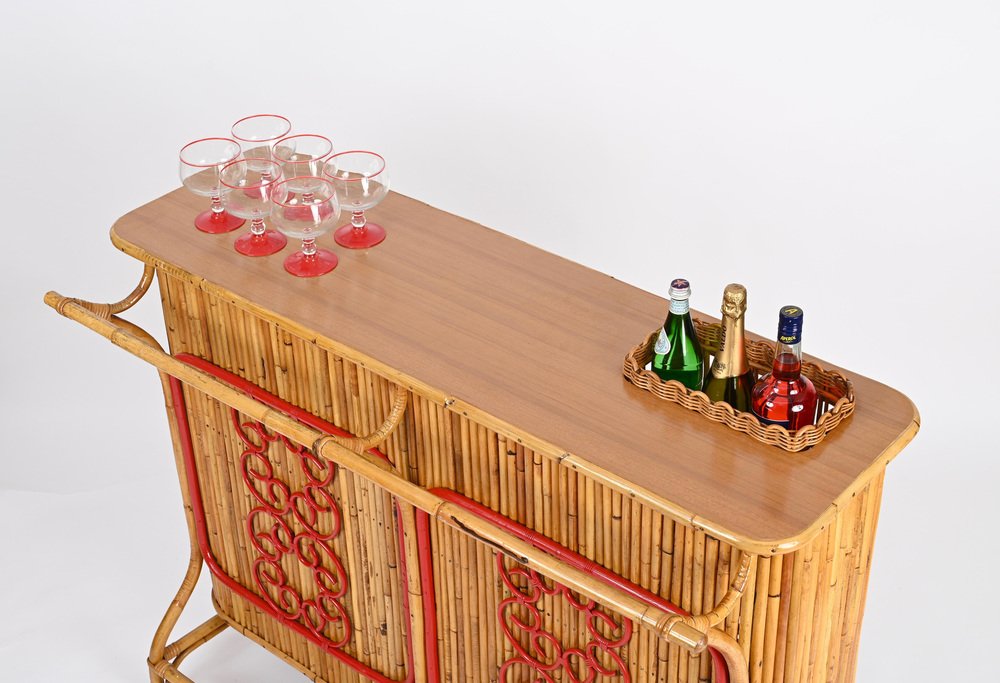 Set of Dry Bar with Stool in Rattan, Bamboo and Wicker attributed to ...