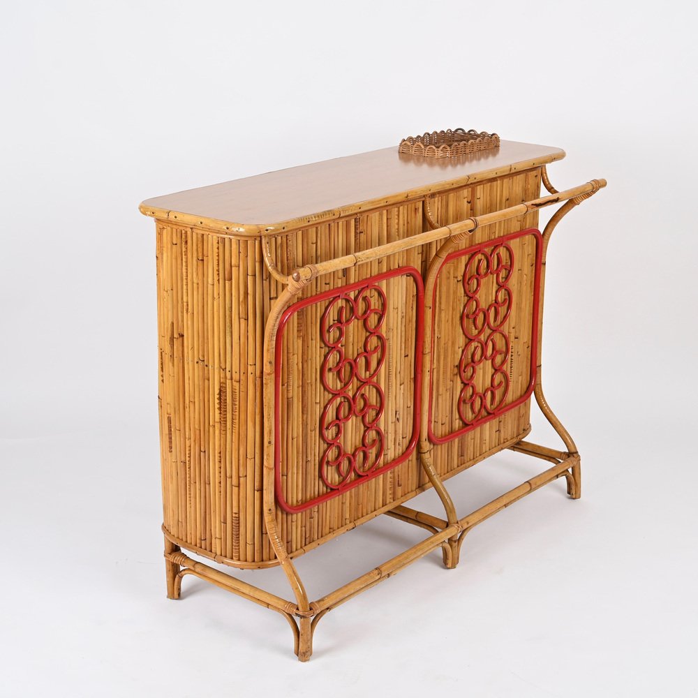 Set of Dry Bar with Stool in Rattan, Bamboo and Wicker attributed to ...