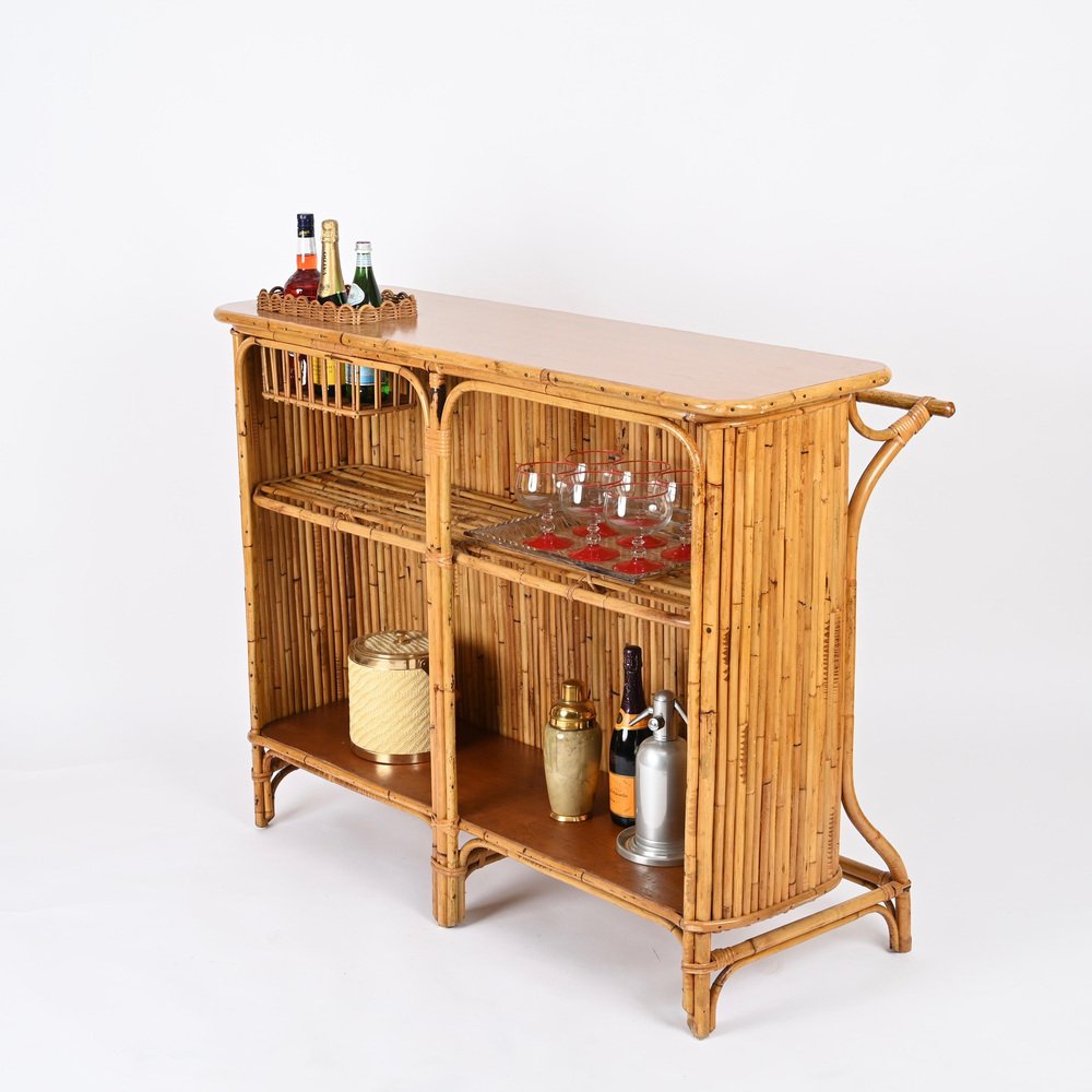 Set of Dry Bar with Stool in Rattan, Bamboo and Wicker attributed to ...