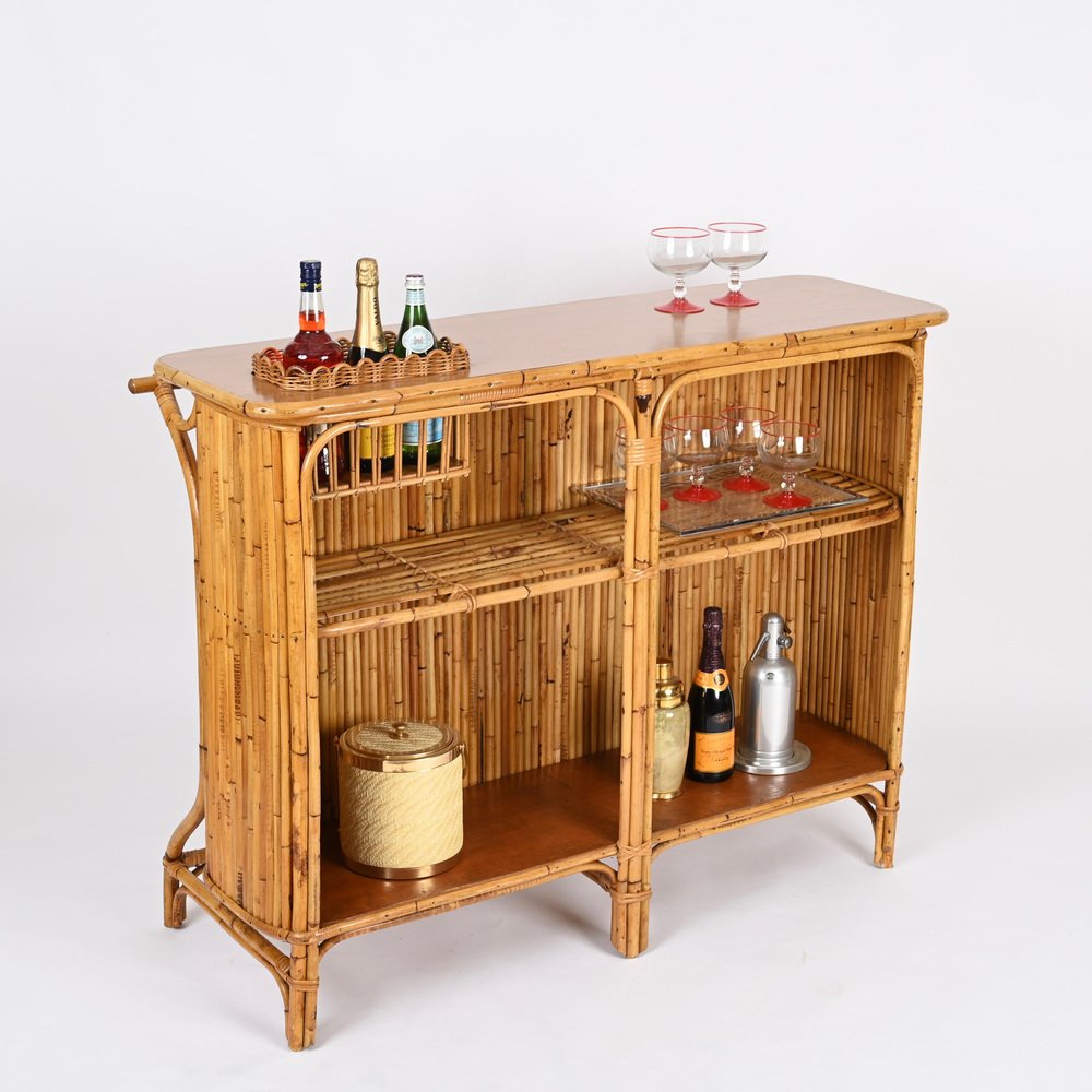 Set of Dry Bar with Stool in Rattan, Bamboo and Wicker attributed to ...