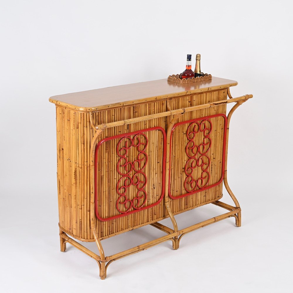 Set of Dry Bar with Stool in Rattan, Bamboo and Wicker attributed to ...