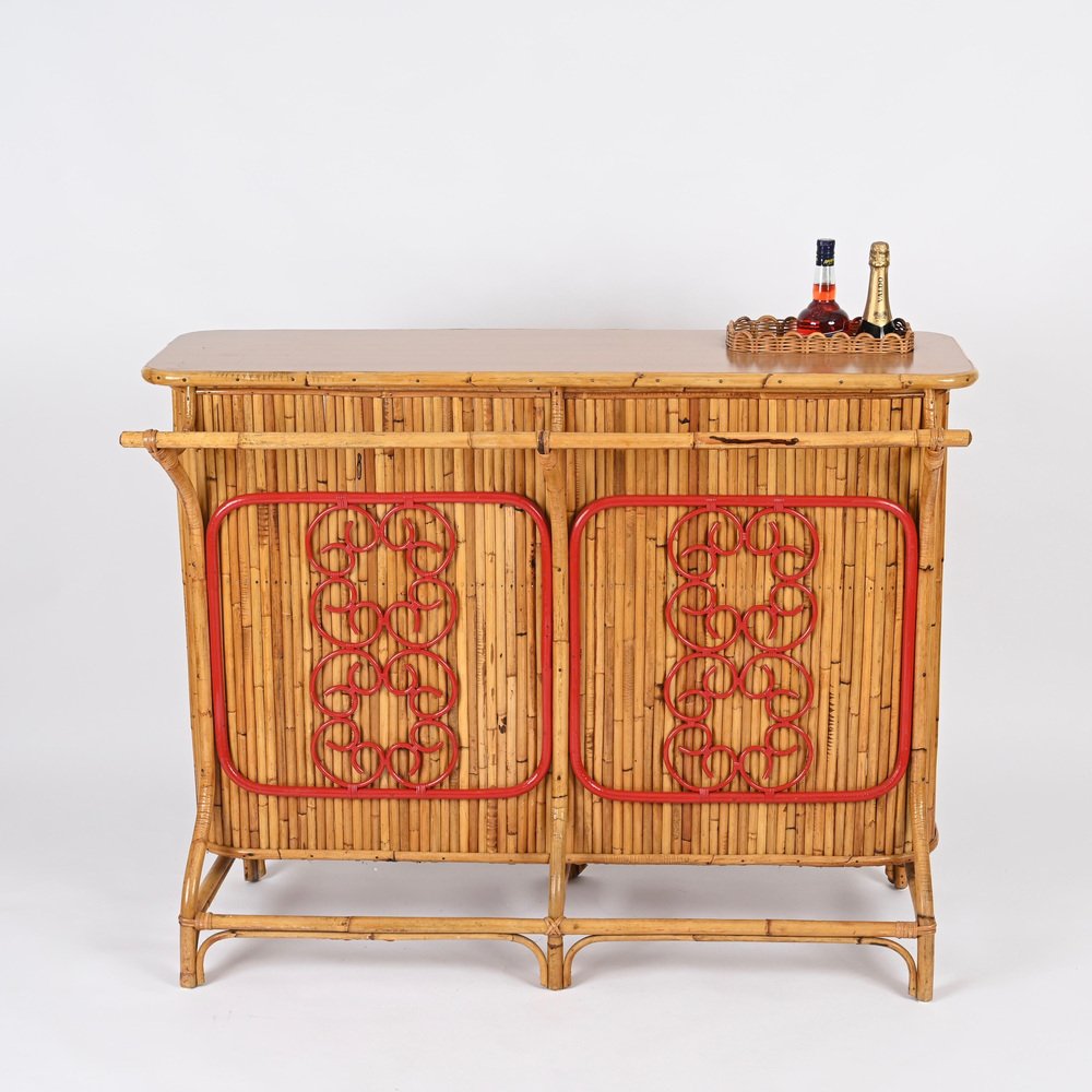Set of Dry Bar with Stool in Rattan, Bamboo and Wicker attributed to ...