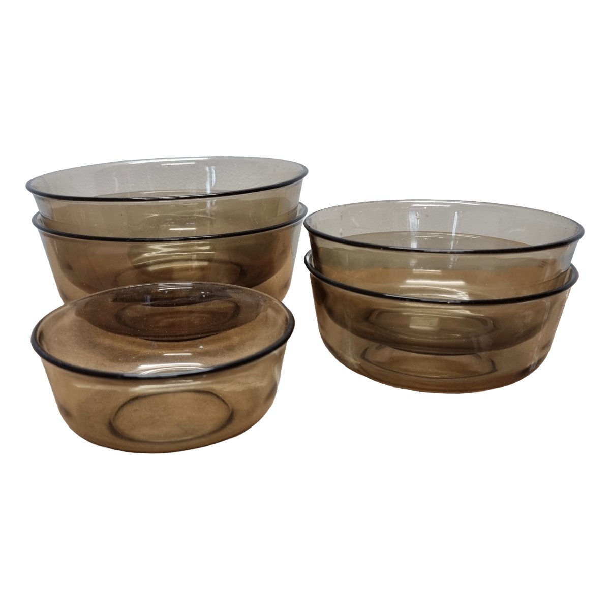 Vintage Smoked Glass Bowls from Arcoroc, 1970s, Set of 5 for sale at Pamono