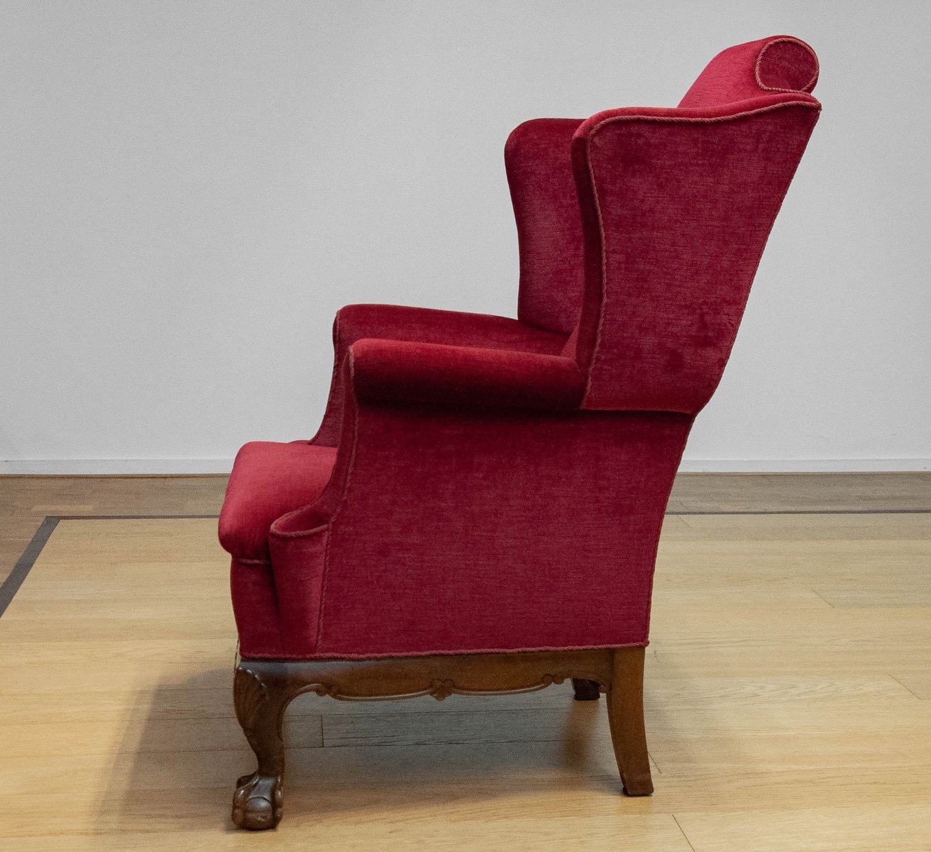 Vintage Red Velvet Wingback Chair, 1920s for sale at Pamono