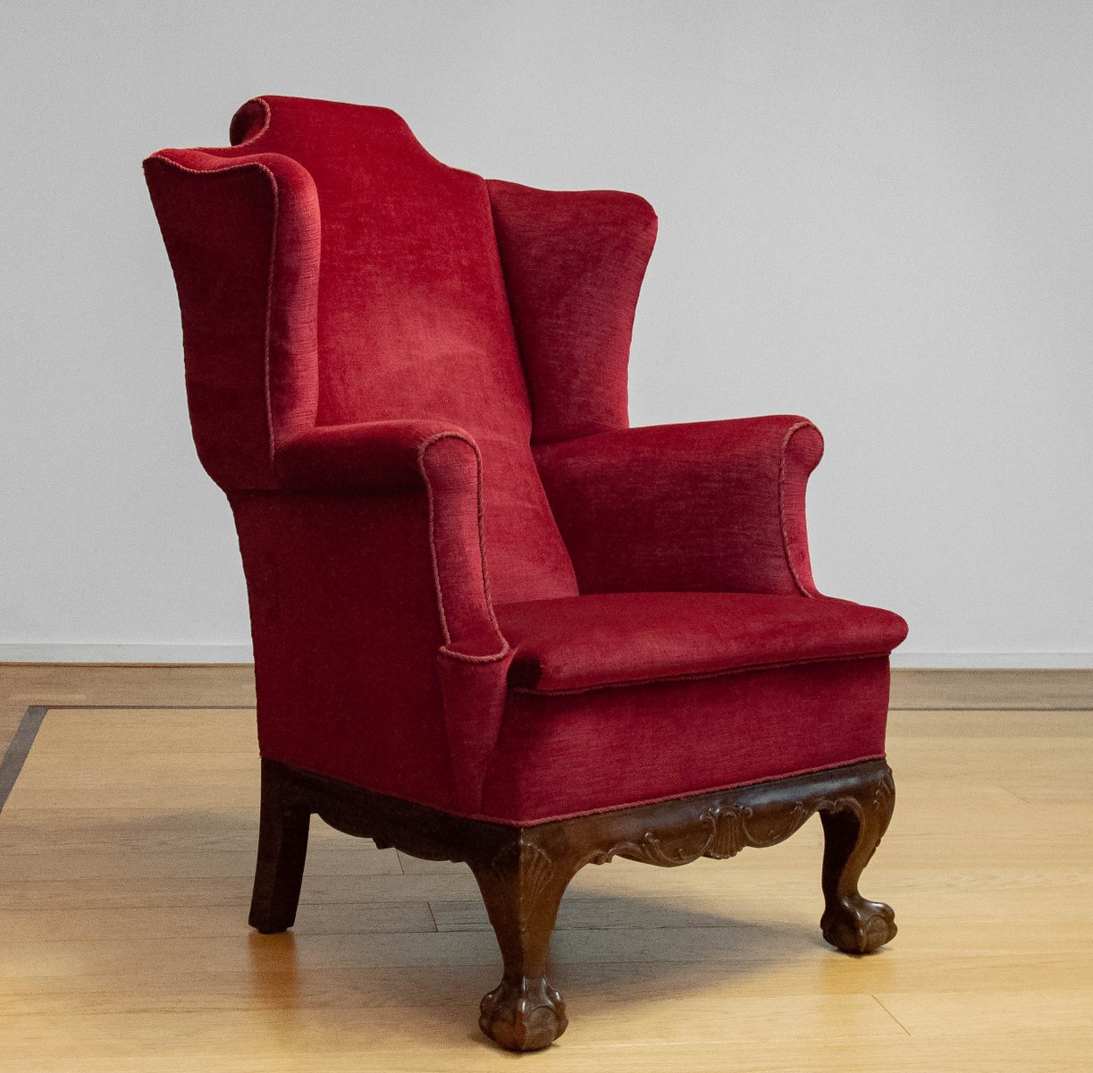 Vintage Red Velvet Wingback Chair, 1920s for sale at Pamono