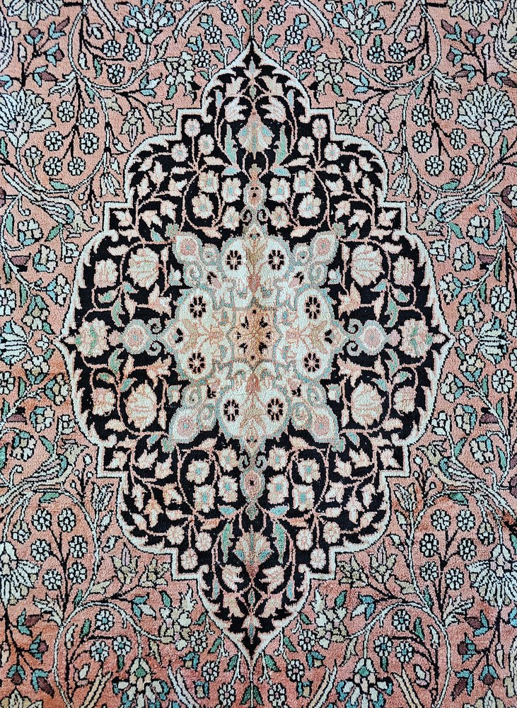 Hand-Knotted Pink Silk and Cashmere Rug with Floral Pattern, Pakistan ...