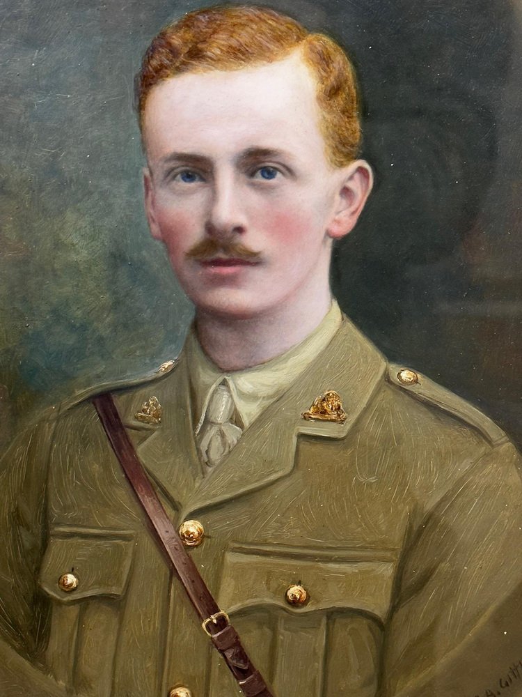 Portrait of British Army Soldier with Green Dress Uniform, 1915, Oil ...