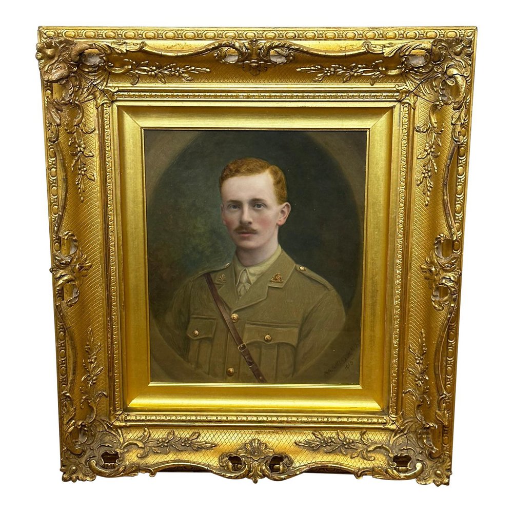 Portrait of British Army Soldier with Green Dress Uniform, 1915, Oil ...