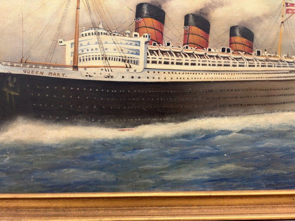 British Seascape with RMS Queen Mary Steam Ship on Choppy Seas, Oil ...