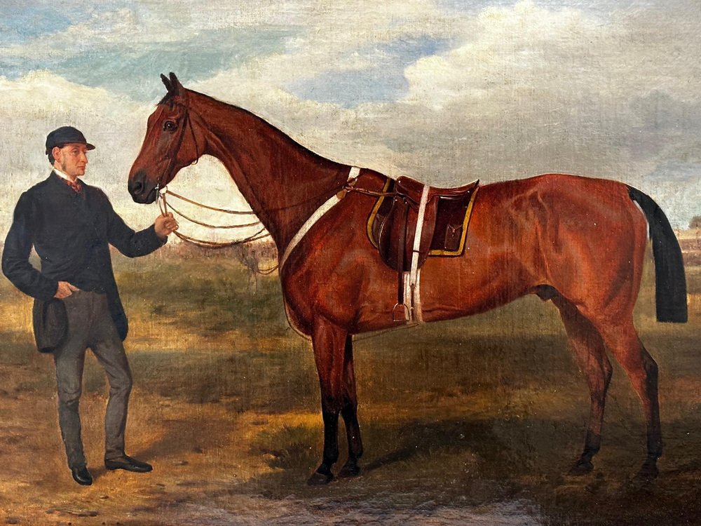 Victorian Bay Hunter Horse with Groom at French Fair, 19th Century, Oil ...
