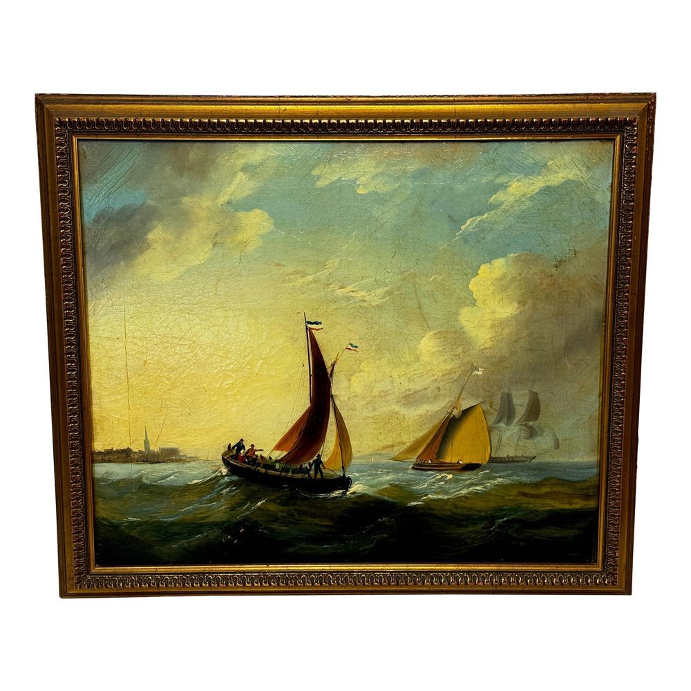 French Artist, Nautical Seascape with Fishing Boat Heading Out Brisk ...