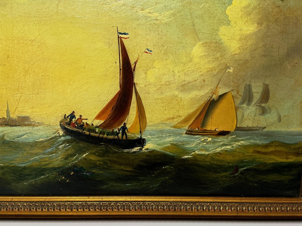 French Artist, Nautical Seascape with Fishing Boat Heading Out Brisk ...