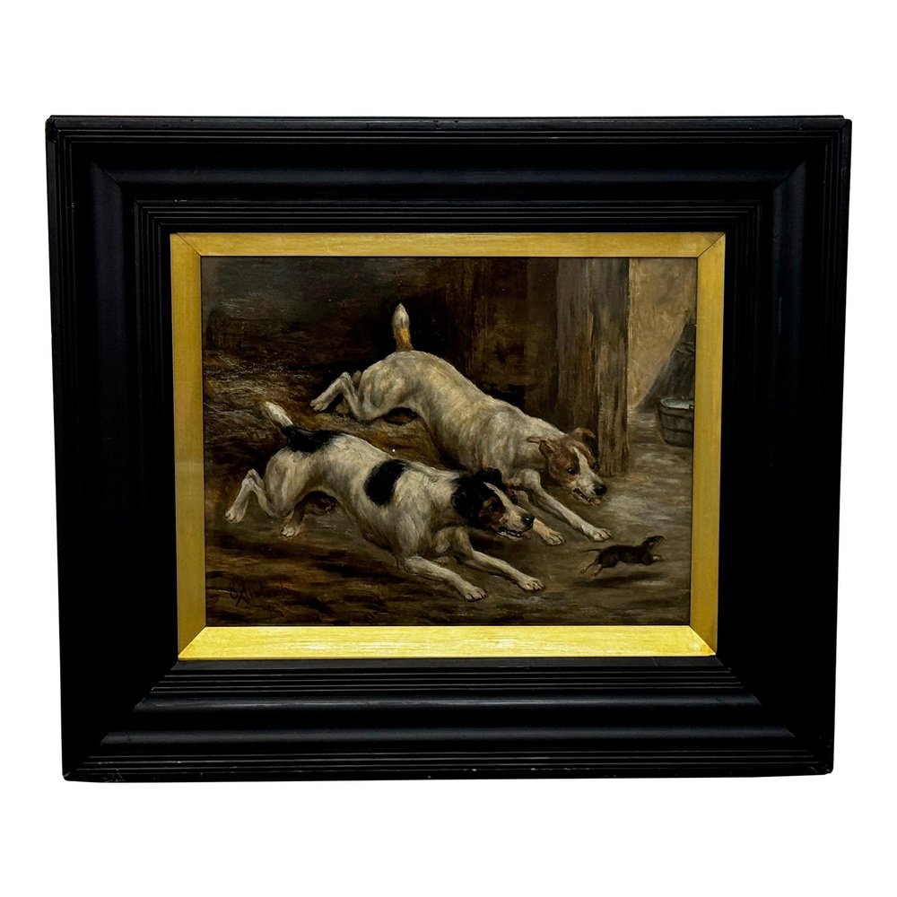 British Artist, Victorian Jack Russell Terrier Dogs Chasing Rat in Barn ...