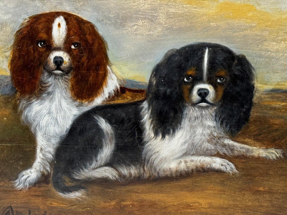 Portrait of King Charles Spaniel Dogs, 19th Century, Oil Painting ...