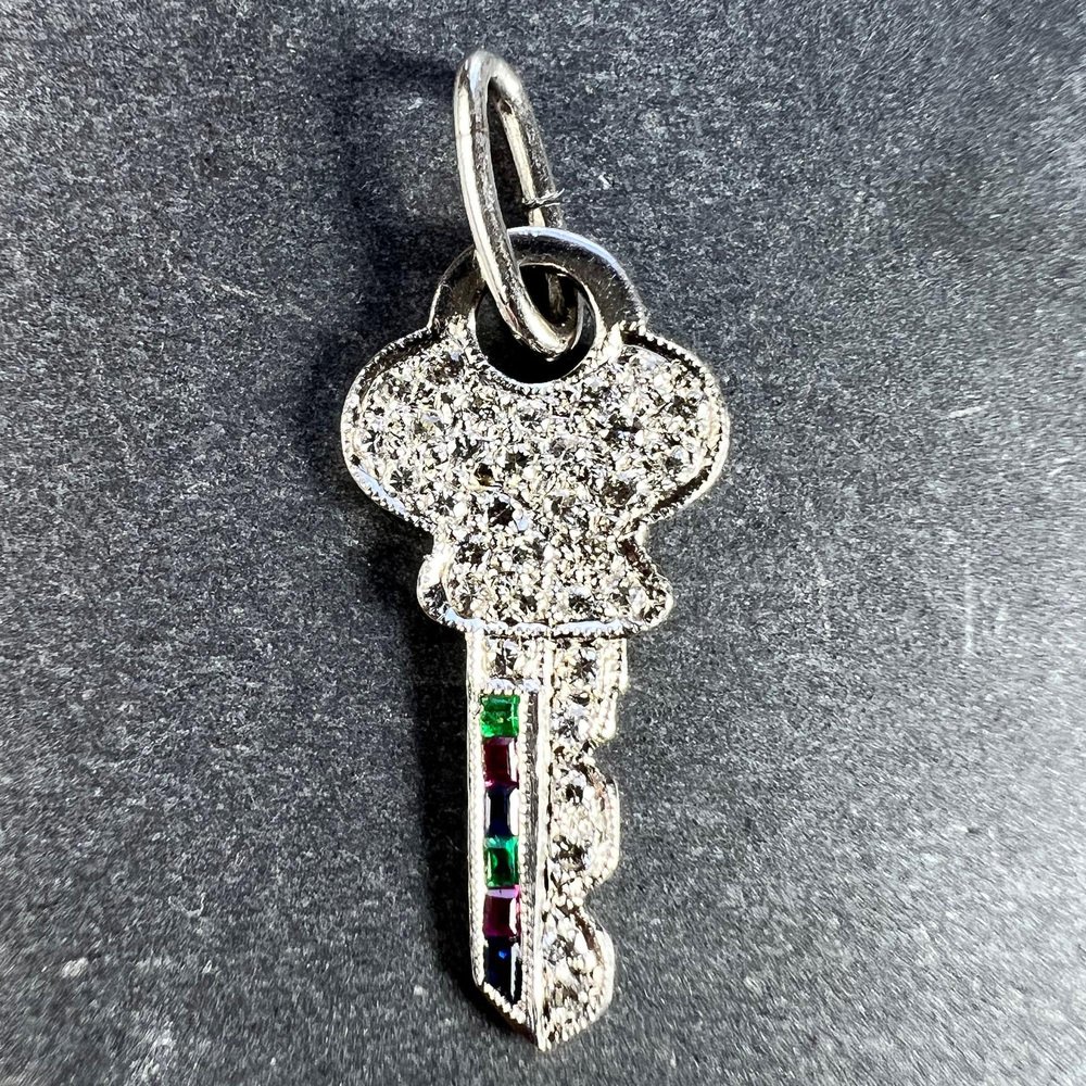 Art Deco Platinum Diamond Ruby Sapphire Emerald Key Charm Pendant ...