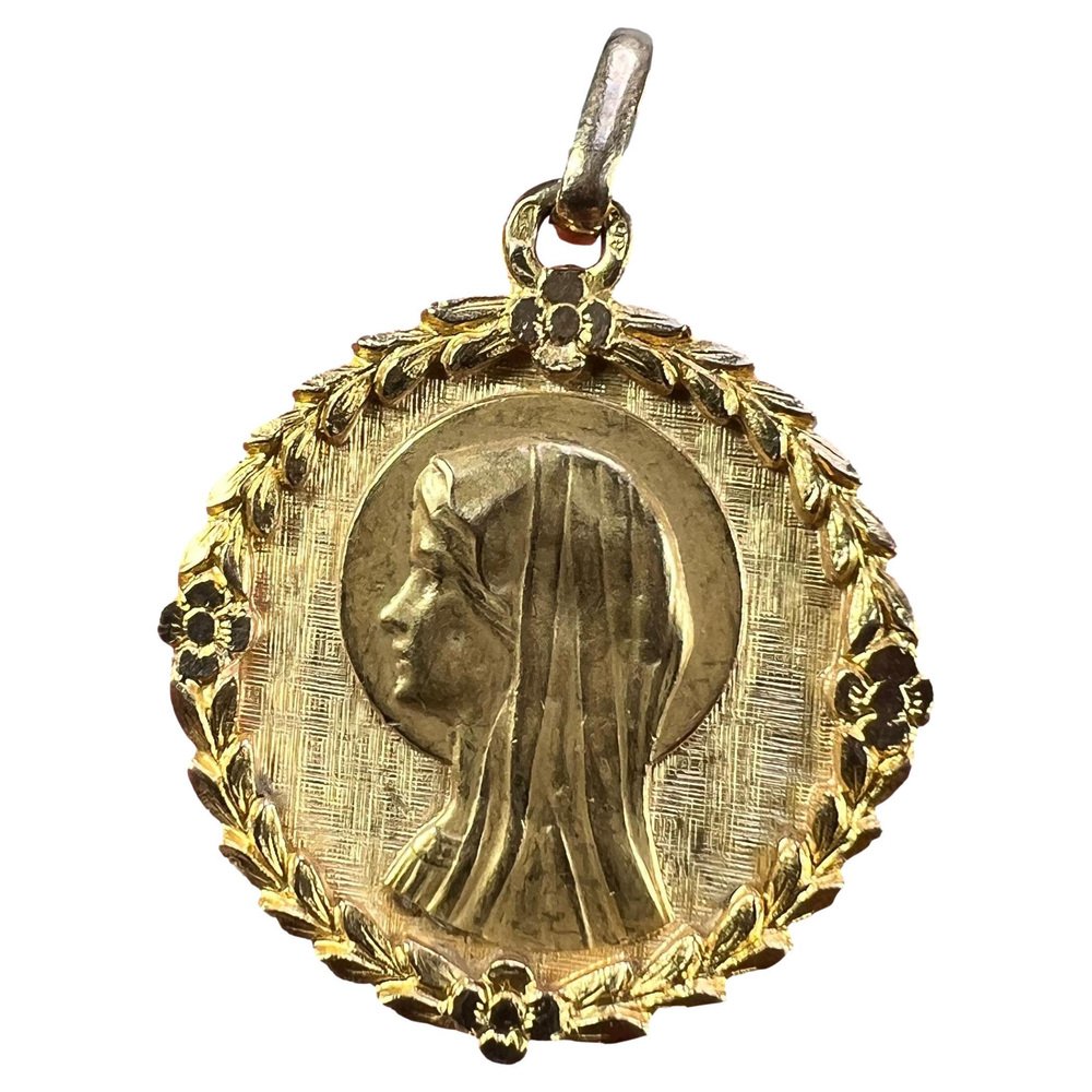 French Virgin Mary Flowers Leaves Wreath 18k Yellow Gold Medal Charm ...