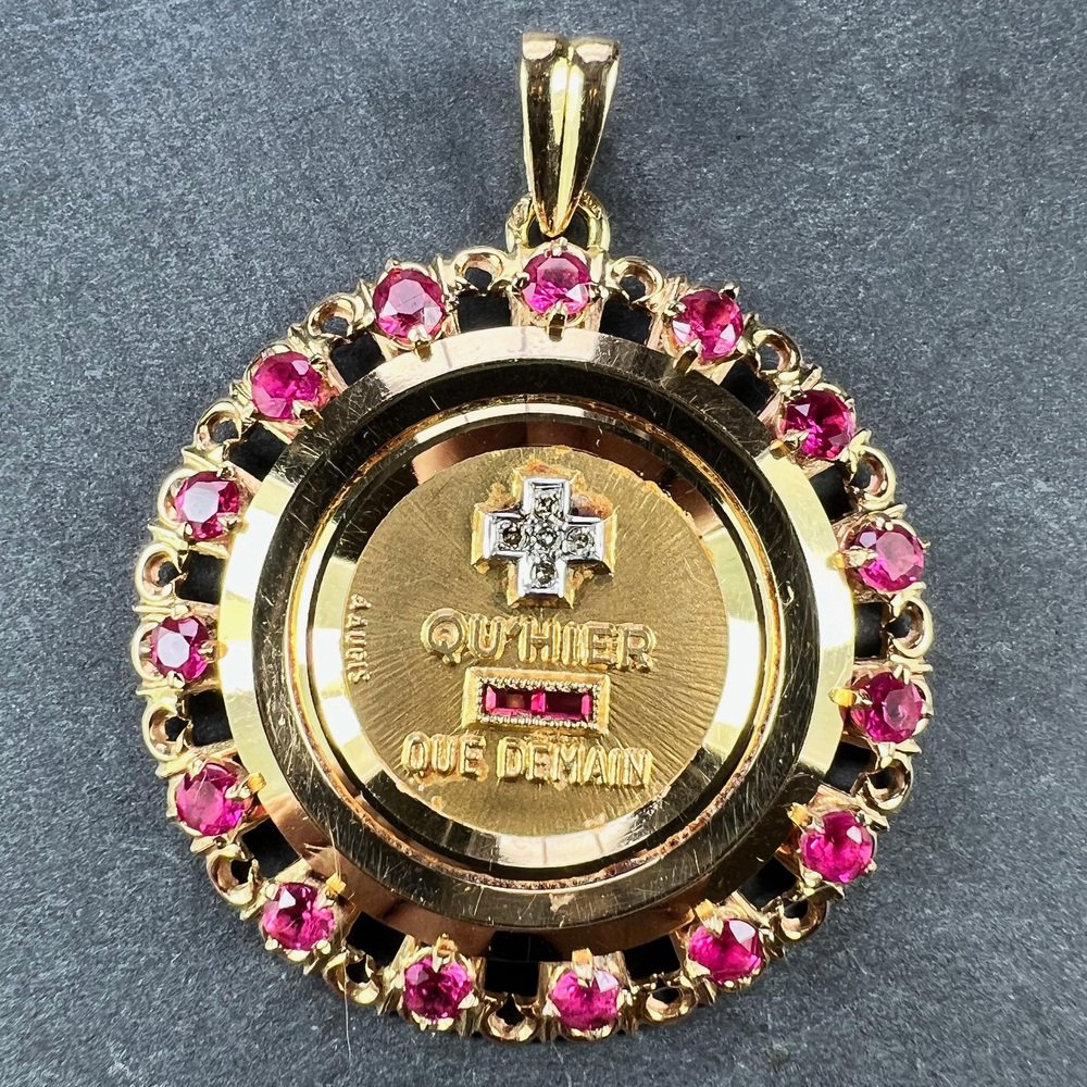 Large Plus Quhier Ruby Halo 18k Yellow Gold Love Medal Pendant from ...