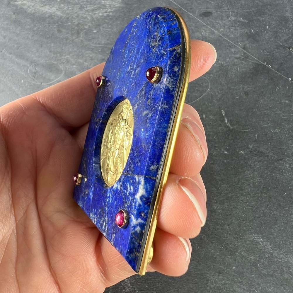 St Christopher 18 Karat Yellow Gold Medal Lapis Lazuli Ruby Frame by ...