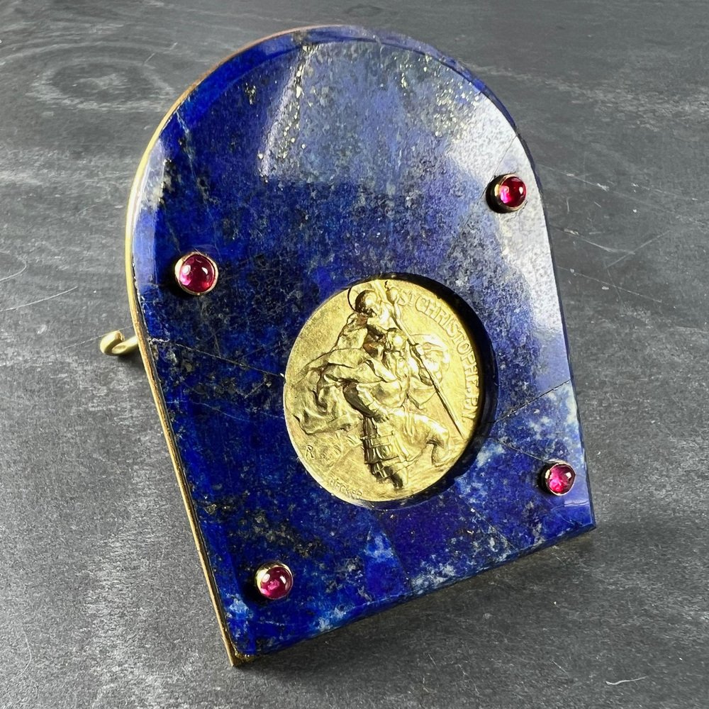 St Christopher 18 Karat Yellow Gold Medal Lapis Lazuli Ruby Frame by ...