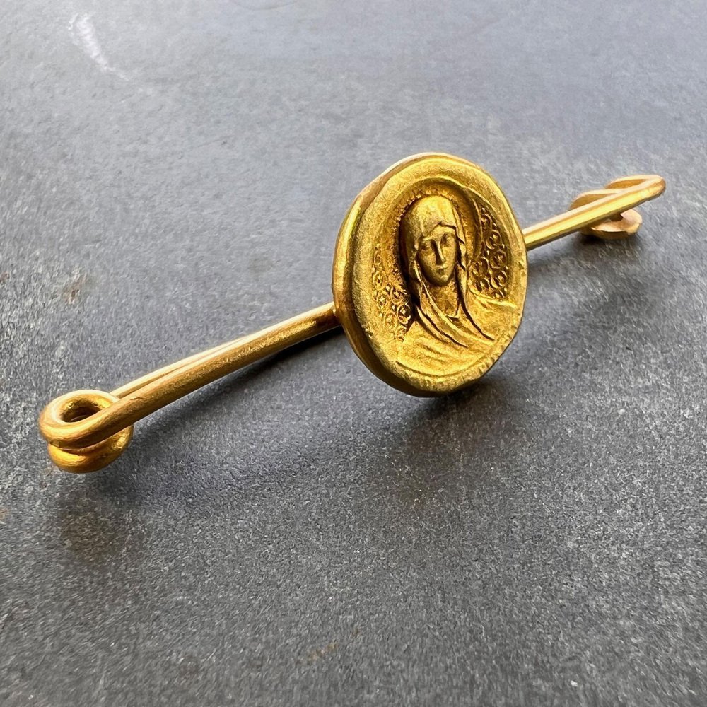 French Virgin Mary Medal Safety Pin 18k Yellow Gold Charm Brooch, 1920s ...