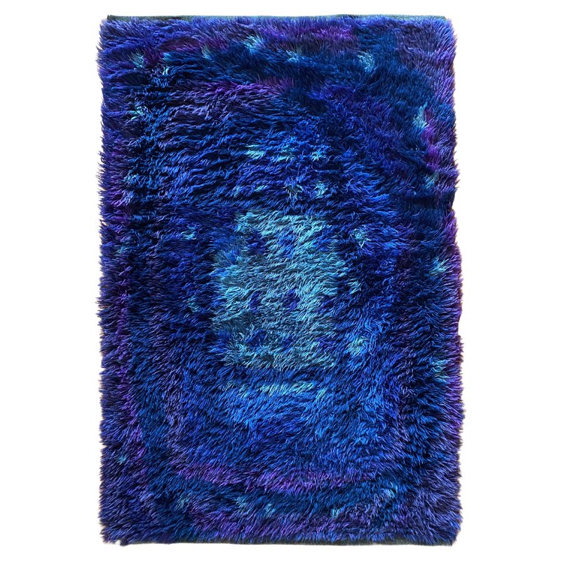 Mid-Century Modern High Pile Blue and Violet Rya Rug, Sweden, 1970s for ...