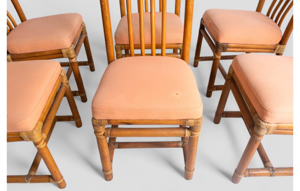 Vintage Bamboo Chairs with Peach-Colored Upholstered Seats, Set of 6 ...