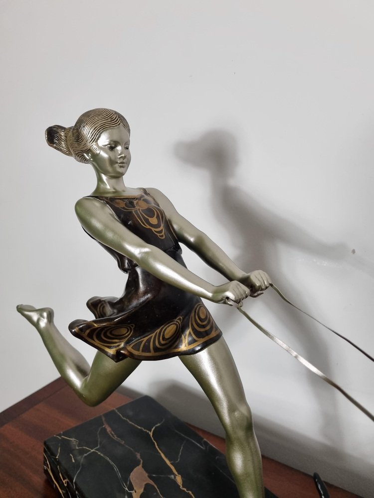 Geo Maxim, Art Deco Sculpture of Young Girl Running with Greyhounds ...