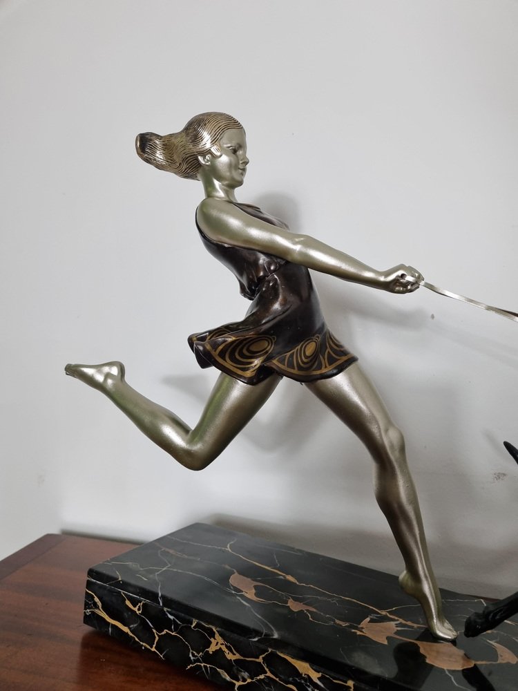 Geo Maxim, Art Deco Sculpture of Young Girl Running with Greyhounds ...