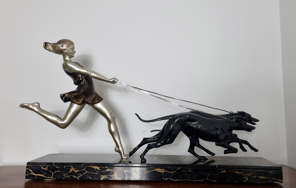 Geo Maxim, Art Deco Sculpture of Young Girl Running with Greyhounds ...