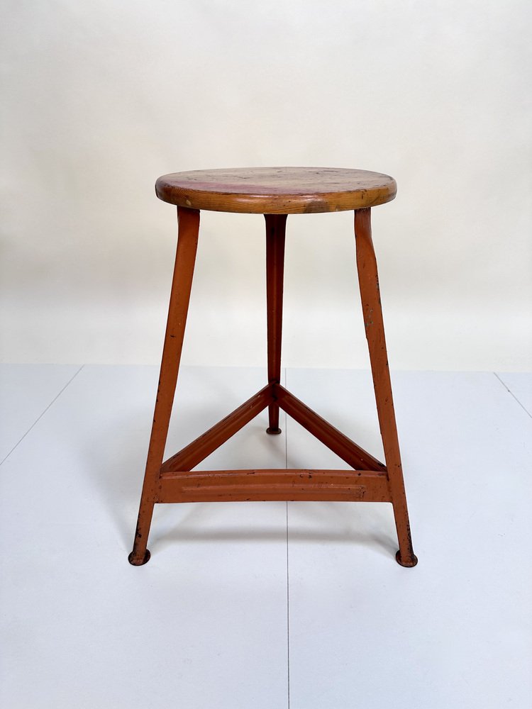 Vintage German Industrial Workshop Stool in Steel and Wood, 1950s for ...