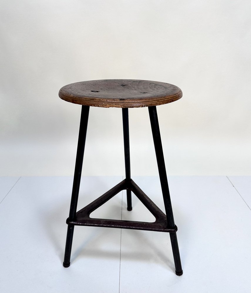 Vintage German Industrial Workshop Stool in Steel and Plywood, 1920s ...
