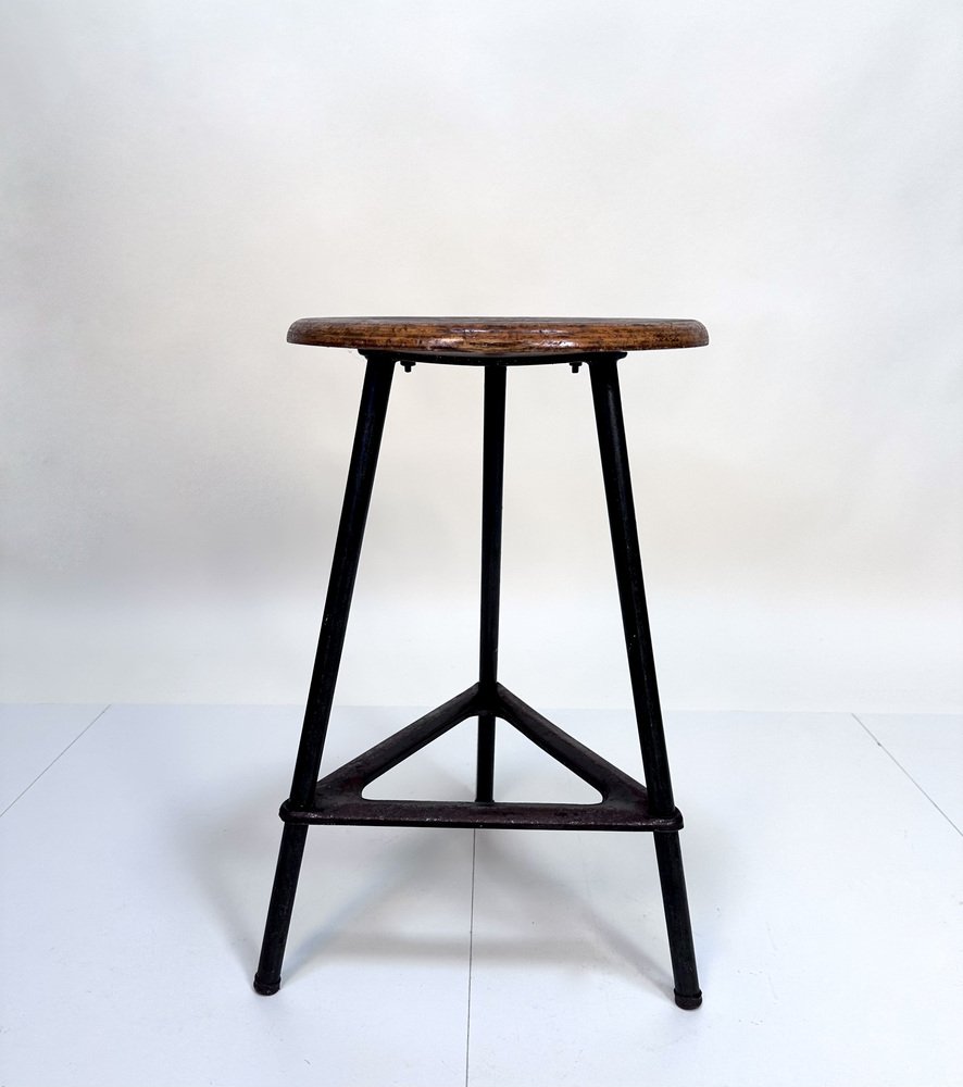 Vintage German Industrial Workshop Stool in Steel and Plywood, 1920s ...