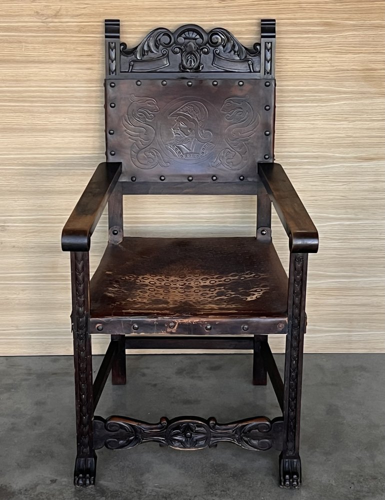 19th Spanish Carved Walnut Armchair with New Black Leather and ...