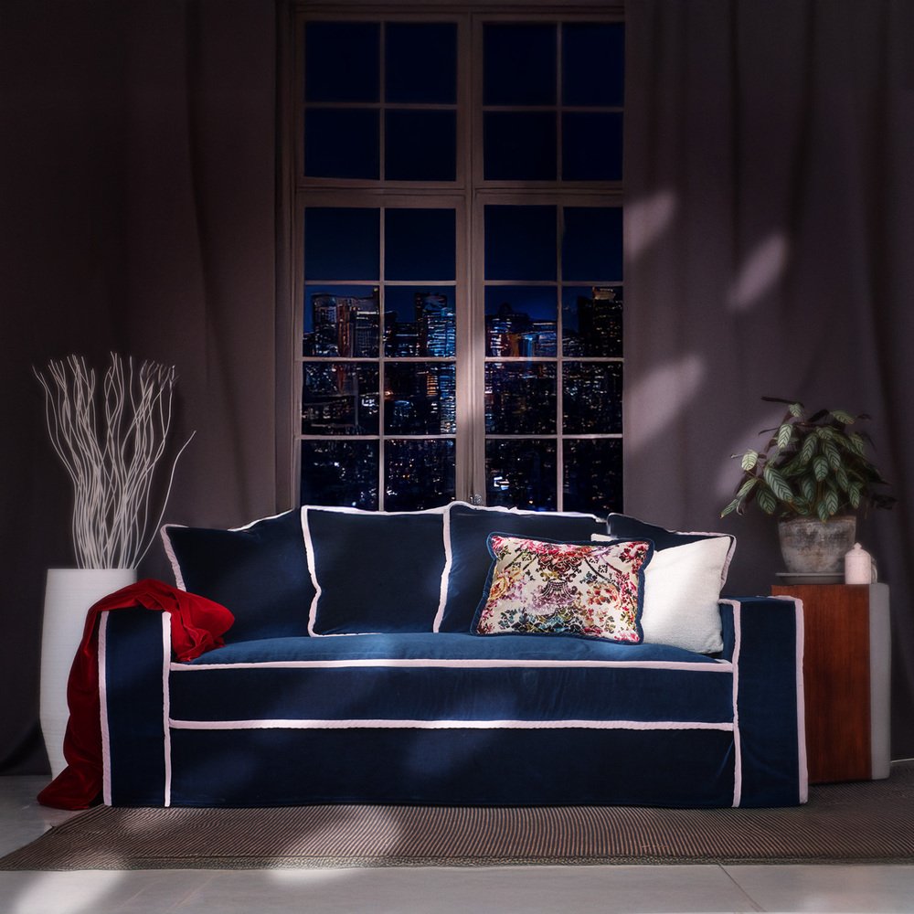 Rafaella Two-Seater Sofa in Pastel Pink Velvet with Camel Beige Trim ...