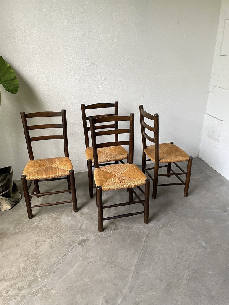 Straw Chairs by Dudouyt, 1950s, Set of 4 for sale at Pamono