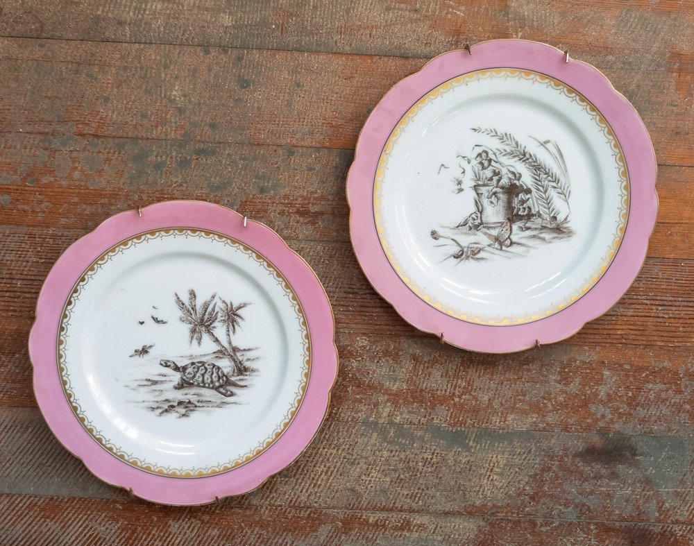 Antique French Wall Plates with Animals and Pink Border, Set of 2 for ...