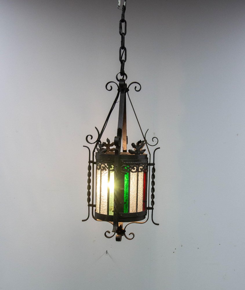 French Lustre Colored Glass & Wrought Iron Pendant Light, Late 19th ...