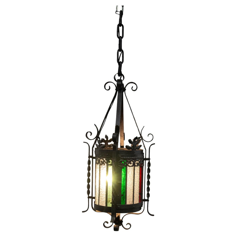 French Lustre Colored Glass & Wrought Iron Pendant Light, Late 19th ...