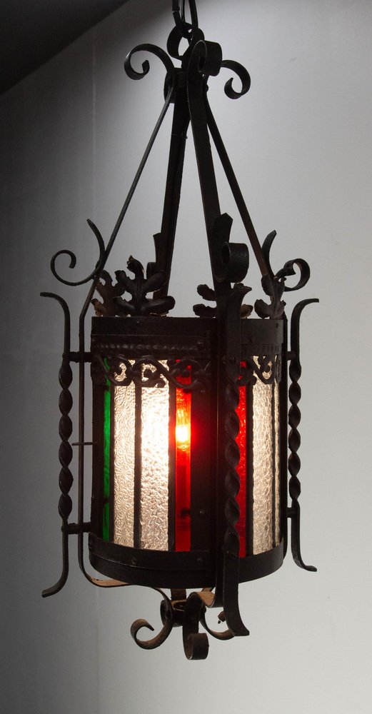 French Lustre Colored Glass & Wrought Iron Pendant Light, Late 19th ...