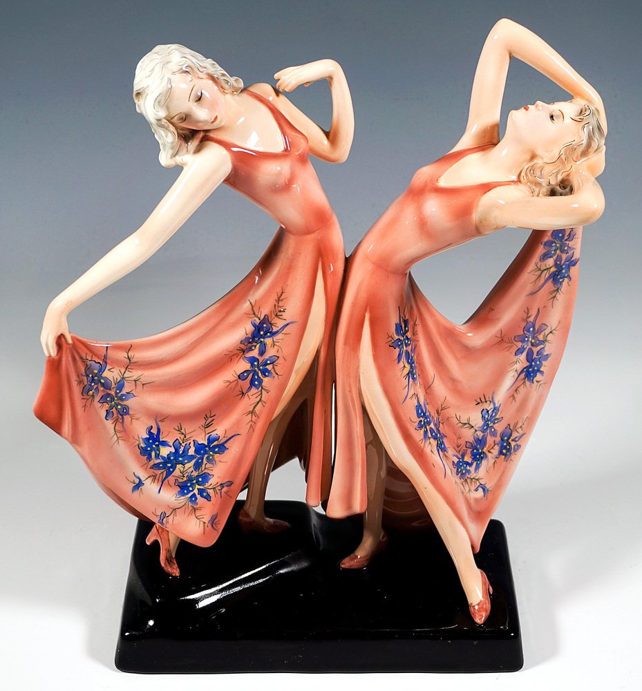 Art Deco Twin Dancers Dolly Sisters attributed to Stephan Dakon for Goldscheider, 1939 for sale ...